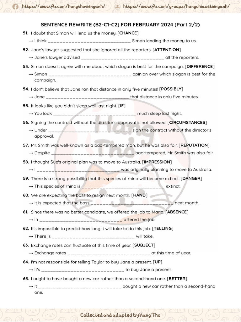 Sentence Rewrite Exercises for B2-C2 | PDF