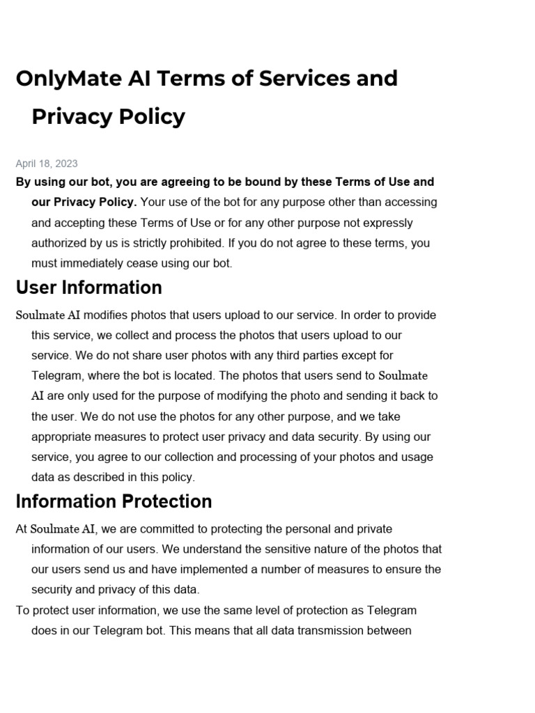 OnlyMate AI Terms of Services and Privacy Policy | PDF | Privacy ...