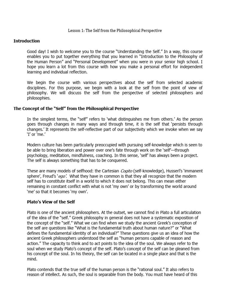 Lesson 1 The Self From The Philosophical Perspective | PDF | Philosophy Of Self | Soul