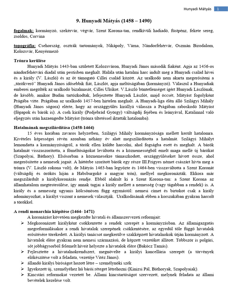 9.tétel Hunyadi Mátyás | PDF