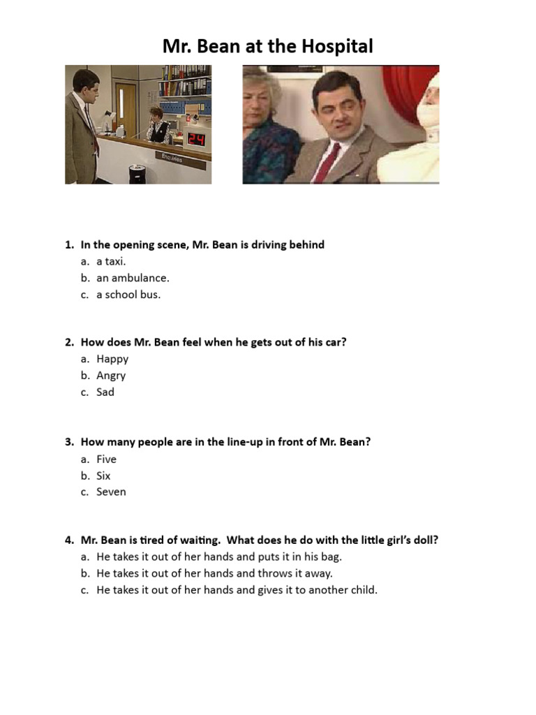 Mr. Bean's Hospital Adventure Worksheet | PDF | Wellness | Self-Improvement