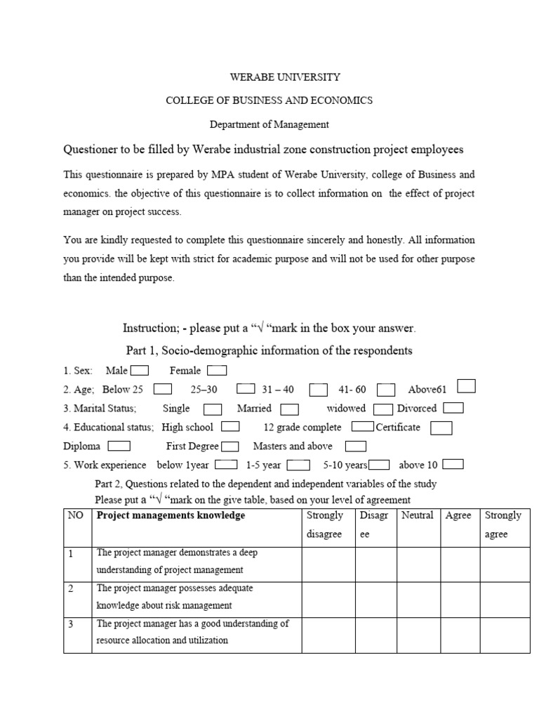 Akmel Abdela Questioner-1 | PDF | Project Management | Business