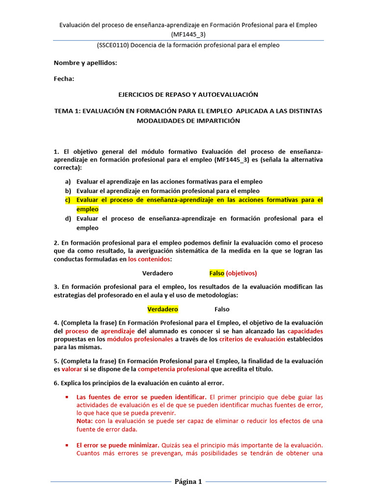 Corrección ejercicios de repaso y autoevaluación Tema 1 | PDF | Evaluación | Aprendizaje