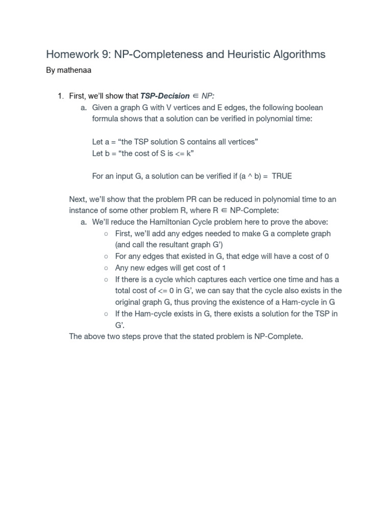 Homework 9 NP-Completeness and Heuristic Algorithms | PDF