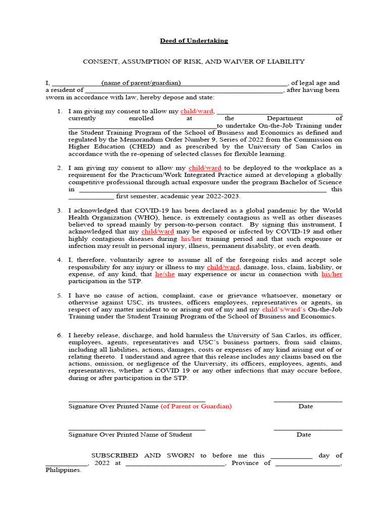 (Template) Form 2 Deed of Undertaking (2) | PDF | Consent