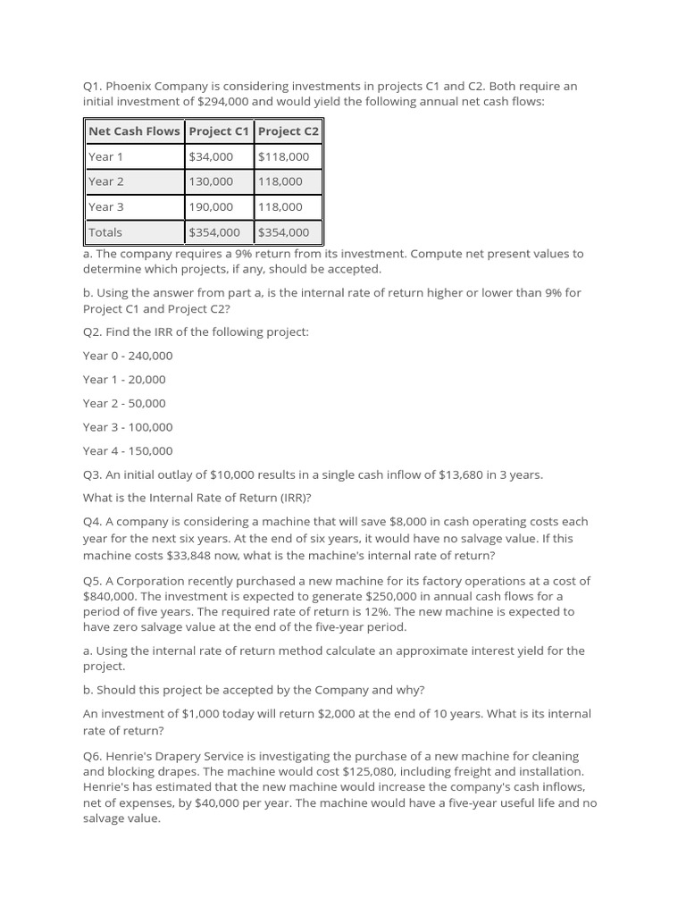 Practice Questions On IRR | PDF | Finance & Money Management