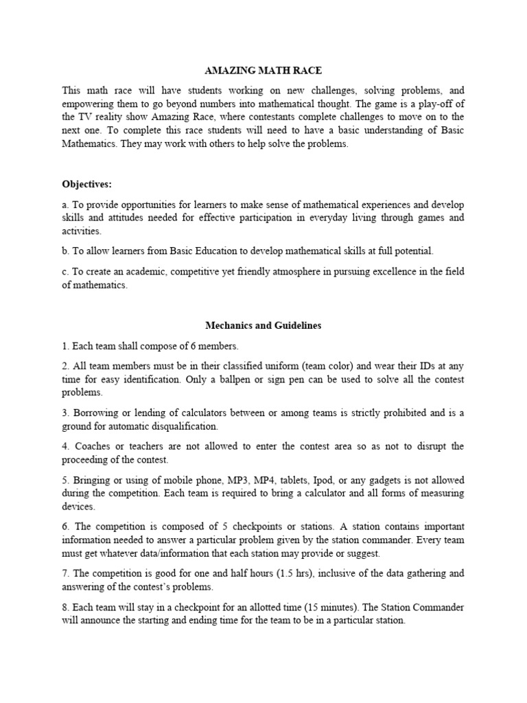 AMAZING MATH RACE | PDF | Mathematics | Cognition