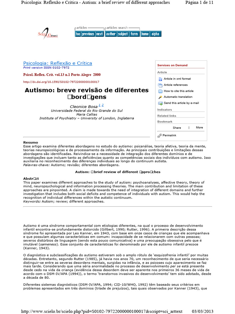 A - BOSA, C. Autismo Breve Revisão de Diferentes Abordagens | PDF ...