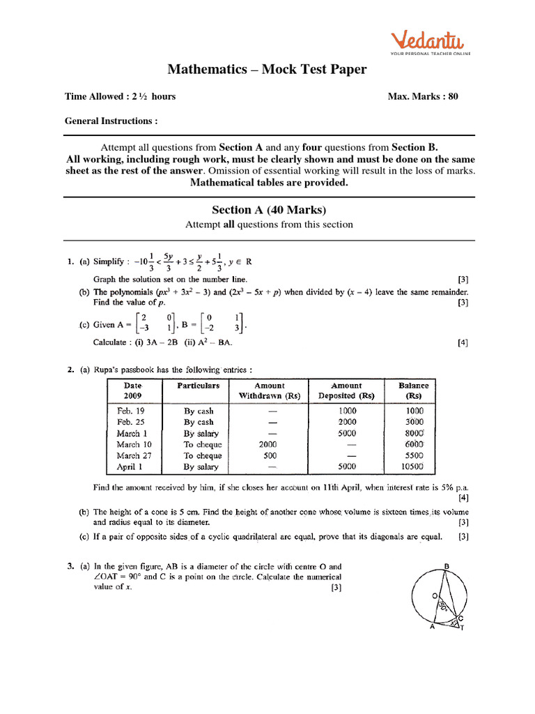 ICSE Sample Question Papers for Class 10 Maths - Mock Paper 6 | PDF