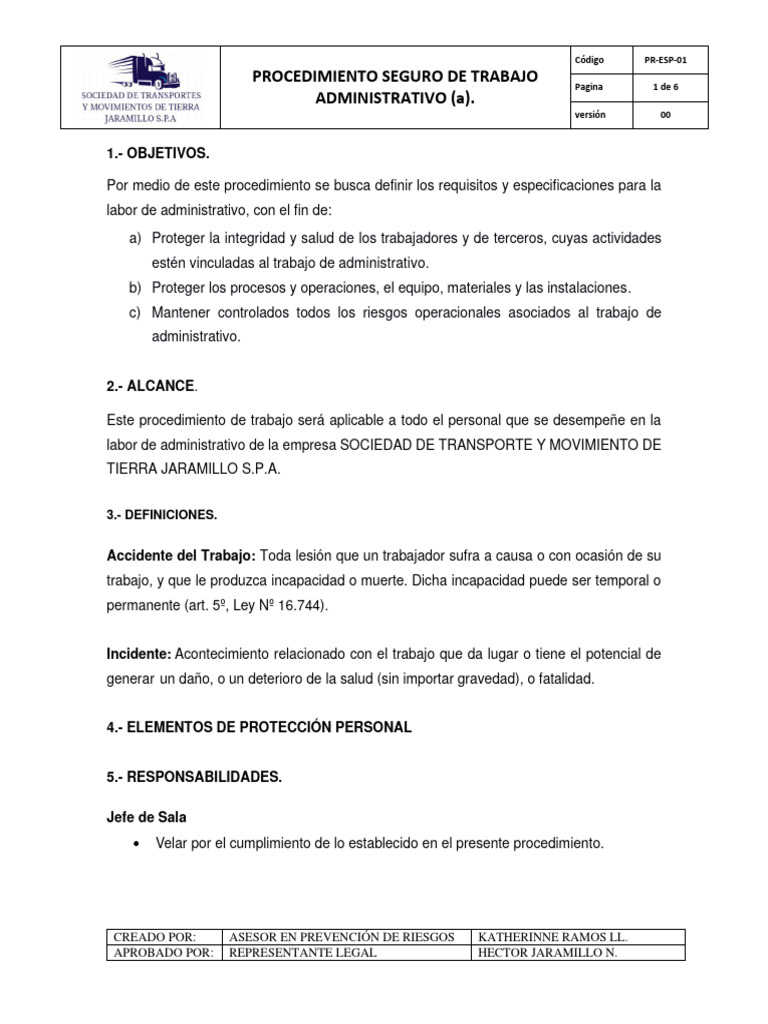 PROCEDIMIENTO SEGURO DE TRABAJO DE ADMINISTRATIVO | PDF | Escritorio PROCEDIMIENTO SEGURO DE TRABAJO DE ADMINISTRATIVO | PDF | Escritorio