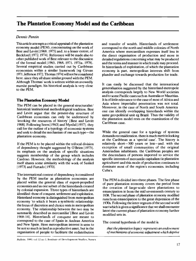 The Plantation Economy Model and The Caribbean: 1971, Jefferson 1972 ...
