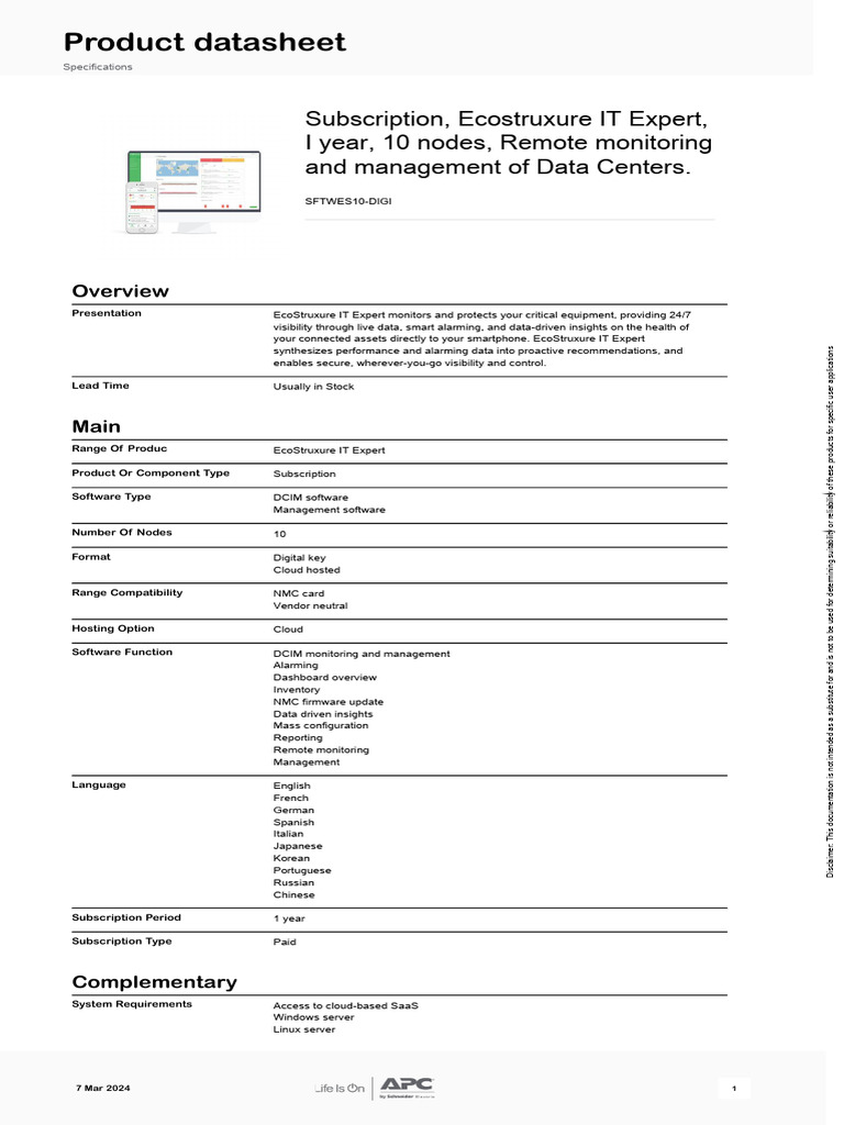 APC - EcoStruxure IT Expert - SFTWES10 DIGI | PDF | Cloud Computing | World Wide Web