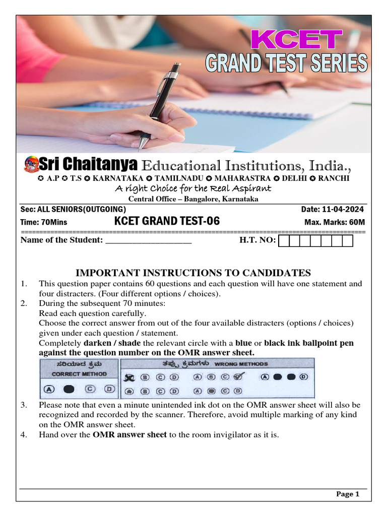 11-04-2024 - All Seniors - Kcet GT-6 (On Total Syllabus) - Physics - Q.paper | PDF ...