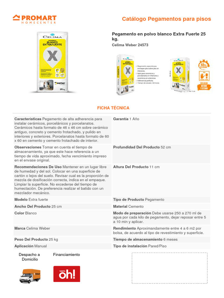 Rendimiento Pegamento Celima por m² | PDF | Cemento | Materiales