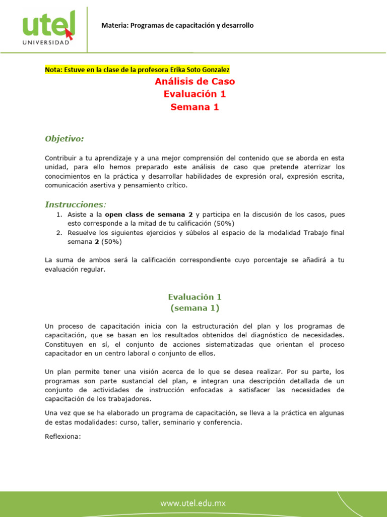 ANÁLISIS DE CASO 1 - Programas de Capacitación y Desarrollo - Evaluación 1 - P | PDF ...