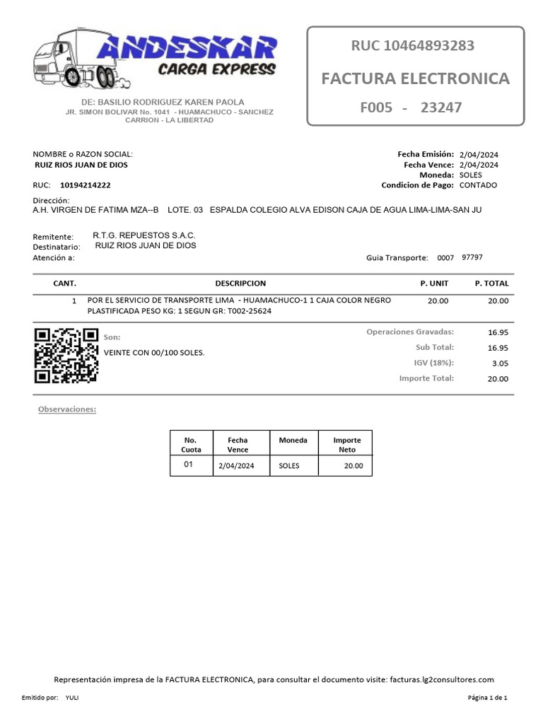 Factura Electrónica de Andeskar RUC 10464893283 | PDF