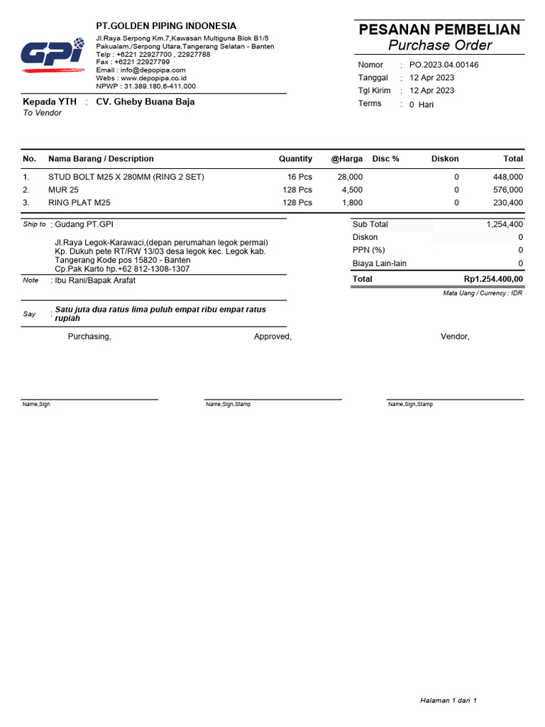 Pesanan Pembelian PT. Golden Piping | PDF