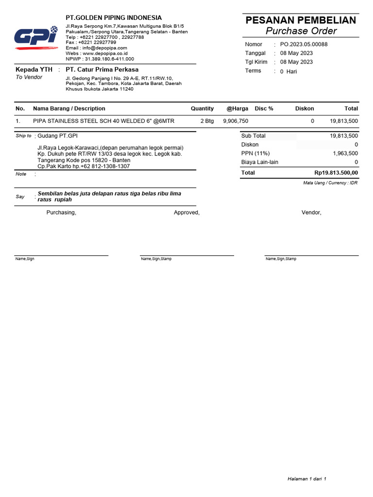 Pesanan Pembelian Pipa Stainless | PDF