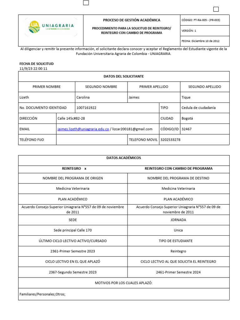 Solicitud Reintegro UNIAGRARIA 2023 | PDF