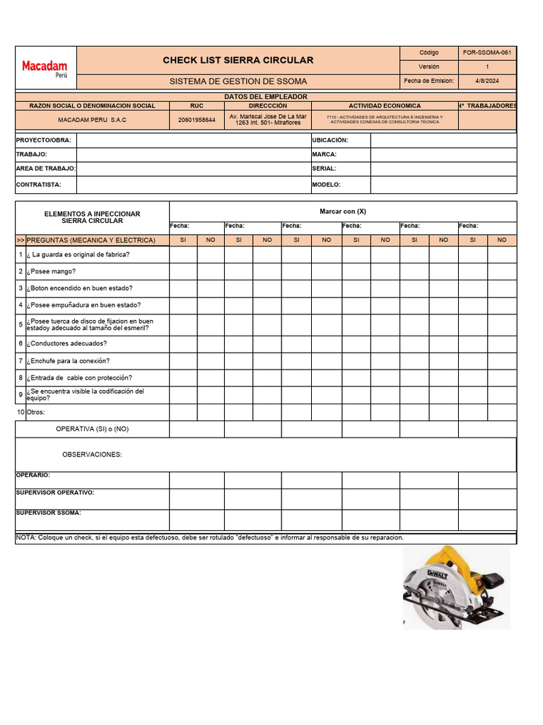 FOR-SSOMA-061_INSPECCION DE SIERRA CIRCULAR | PDF