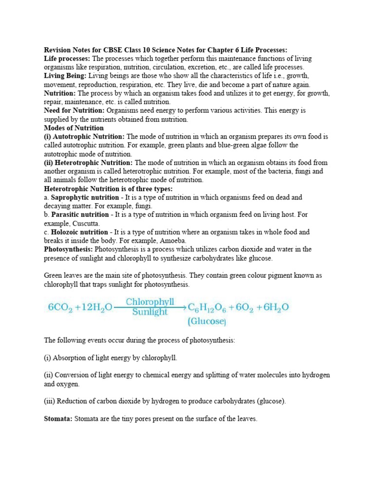 Revision Notes For CBSE Class 10 Science Notes For Chapter 6 Life ...