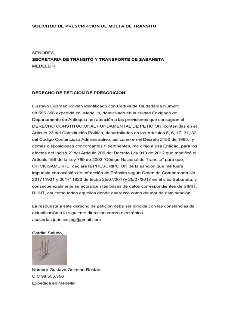 Modelo de Prescripcion de Multa de Transito | PDF