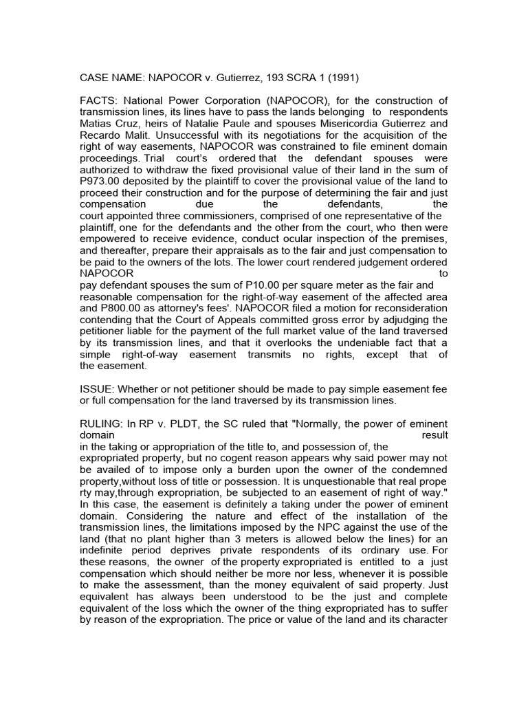 NAPOCOR V GUTIERREZ | PDF | Eminent Domain | Easement