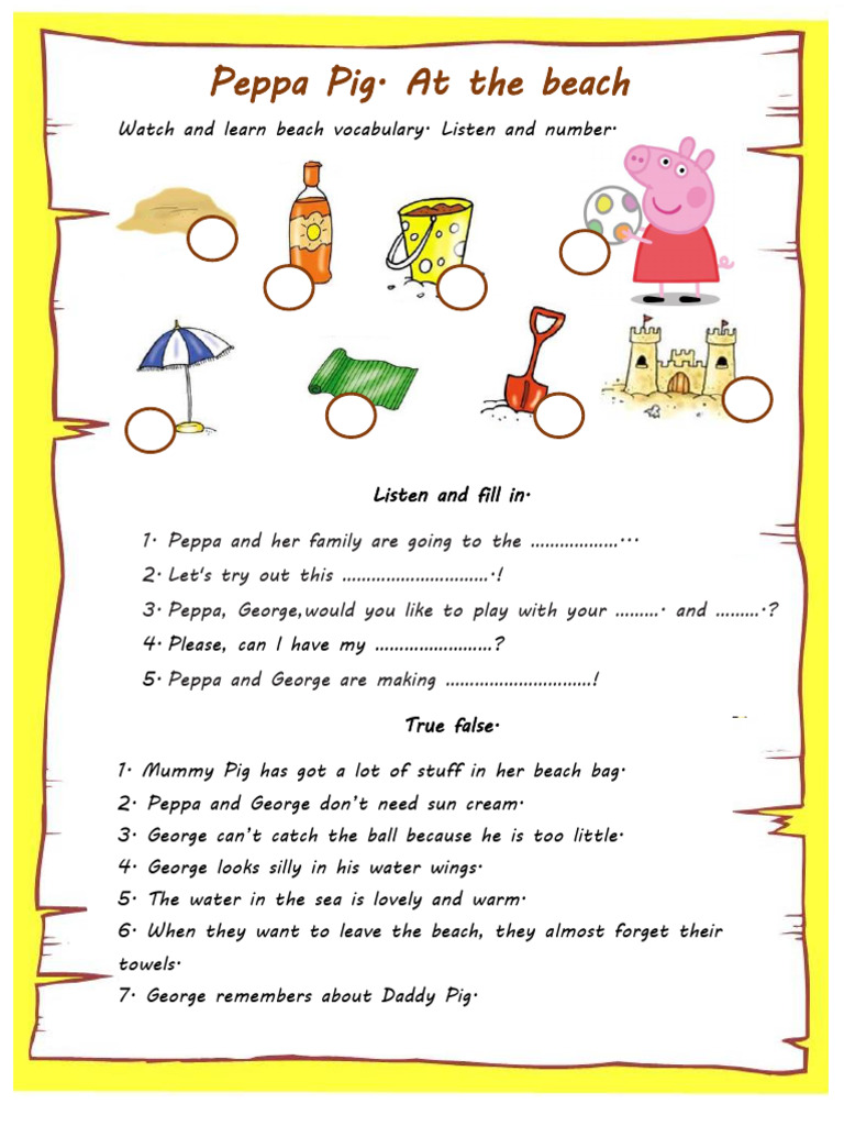 Peppa Pig Beach Vocabulary Worksheet | PDF | Language Arts & Discipline