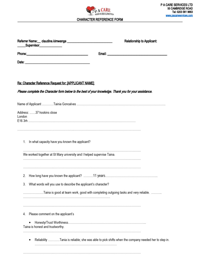 Character Reference Form | PDF | Career & Growth | Business