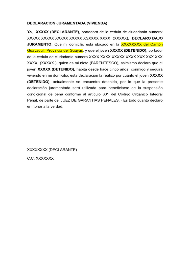 Declaración Juramentada de Vivienda y Trabajo | PDF
