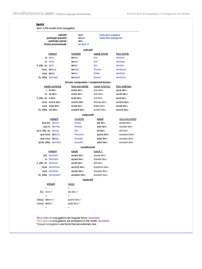 Conjugaison Du Verbe Tenir | PDF | Verbe | Morphologie linguistique