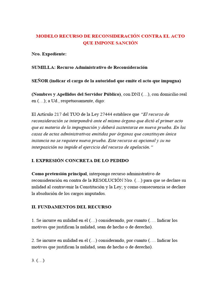 Modelo Recurso de Reconsideración Contra El Acto Que Impone Sanción | PDF | Finanzas y dinero ...