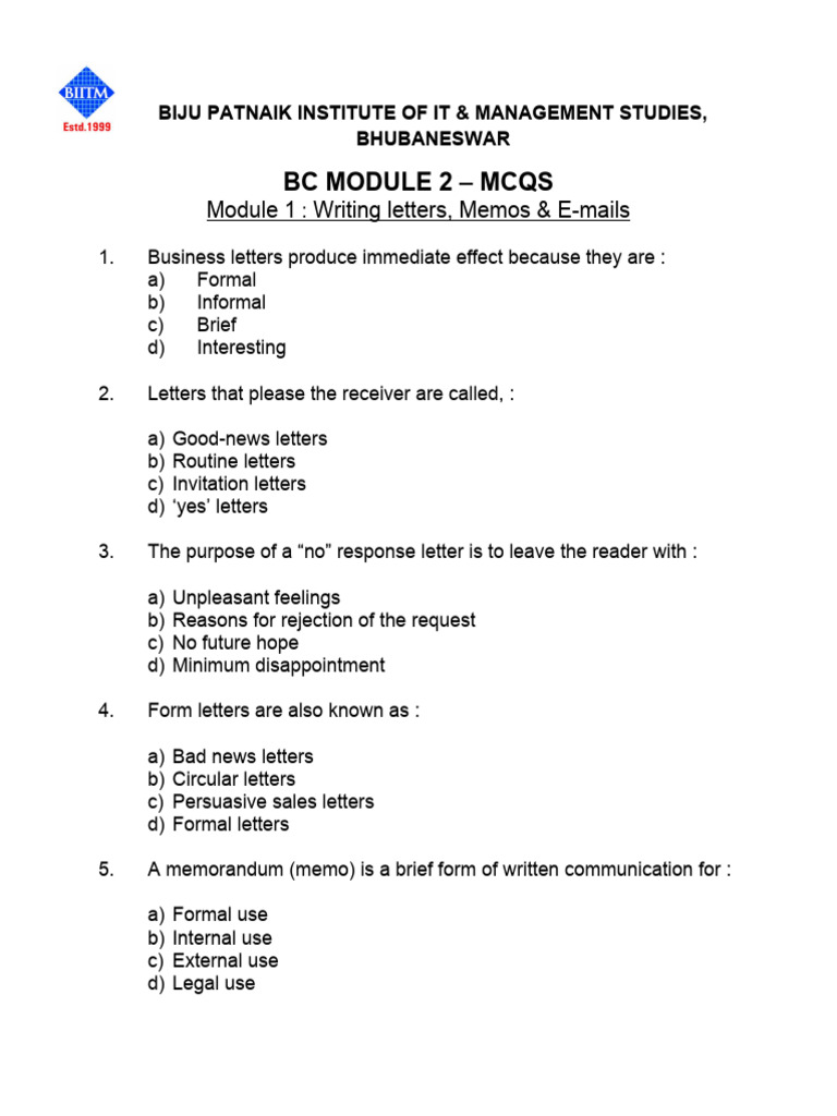 BC Module 2 Mcqs | PDF | Memorandum | Communication