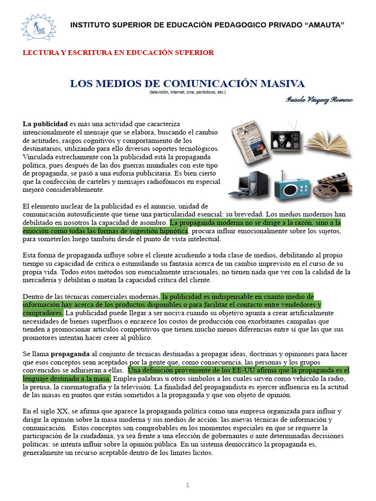 5°c Los Medios de Comunicación Masivos | PDF | Propaganda | Publicidad