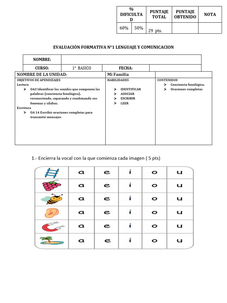 Evaluación Formativa VOCALES Y L | PDF