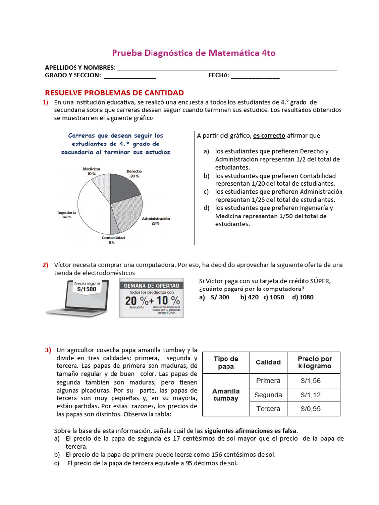 Prueba Diagnóstica de Matemática DBO | PDF | Trigo
