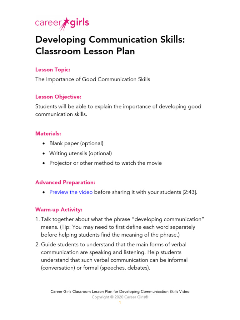 Developing Communication Skills Empowerment Lesson Classroom Lesson Plan | PDF | Communication ...