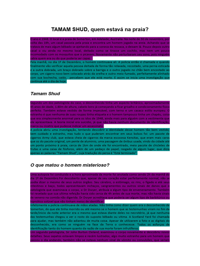 TAMAM SHUD, Quem Estavá Na Praia | PDF | Morte | Roupas