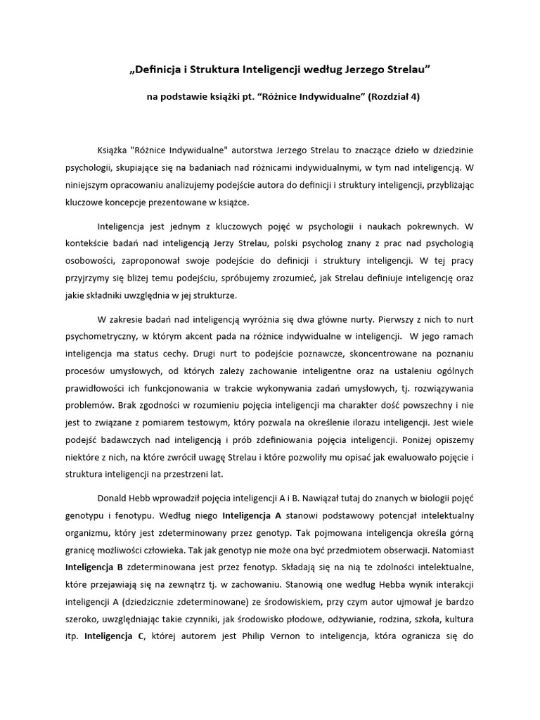Definicja I Struktura Inteligencji Według Jerzego Strelau" | PDF