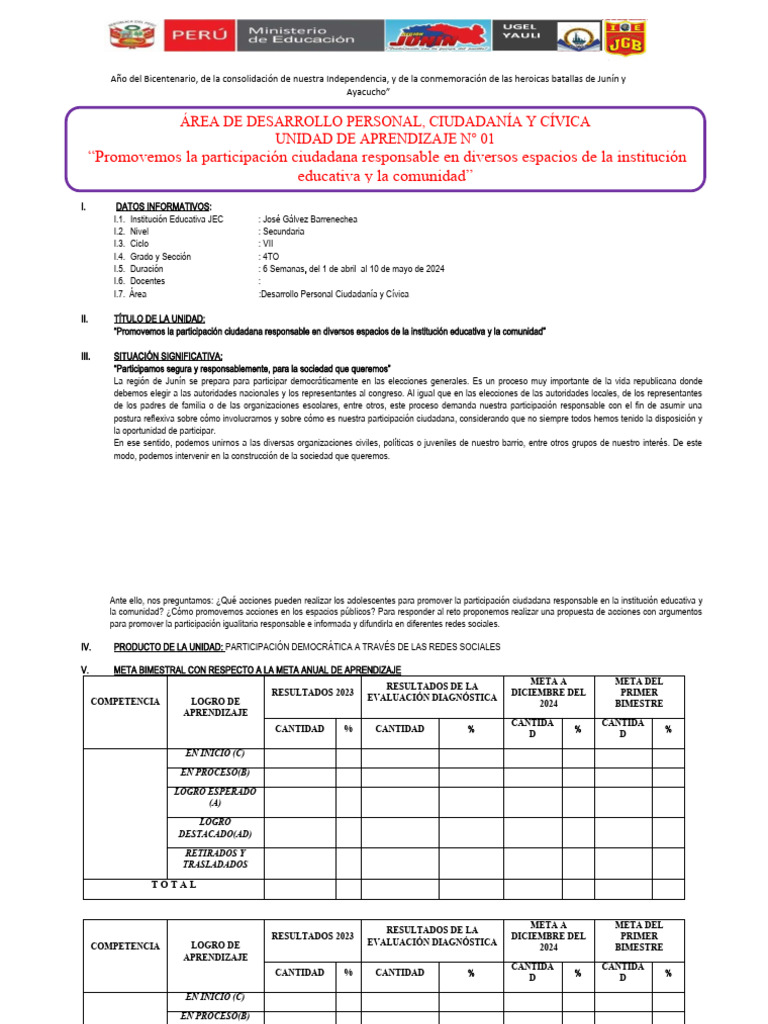 FORMATO UNIDAD DE APRENDIZAJE 2024 | PDF | Aprendizaje | Evaluación