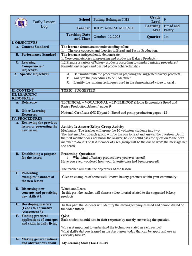 Grade 9 Bread and Pastry Lesson Plan | PDF | Learning | Education Theory
