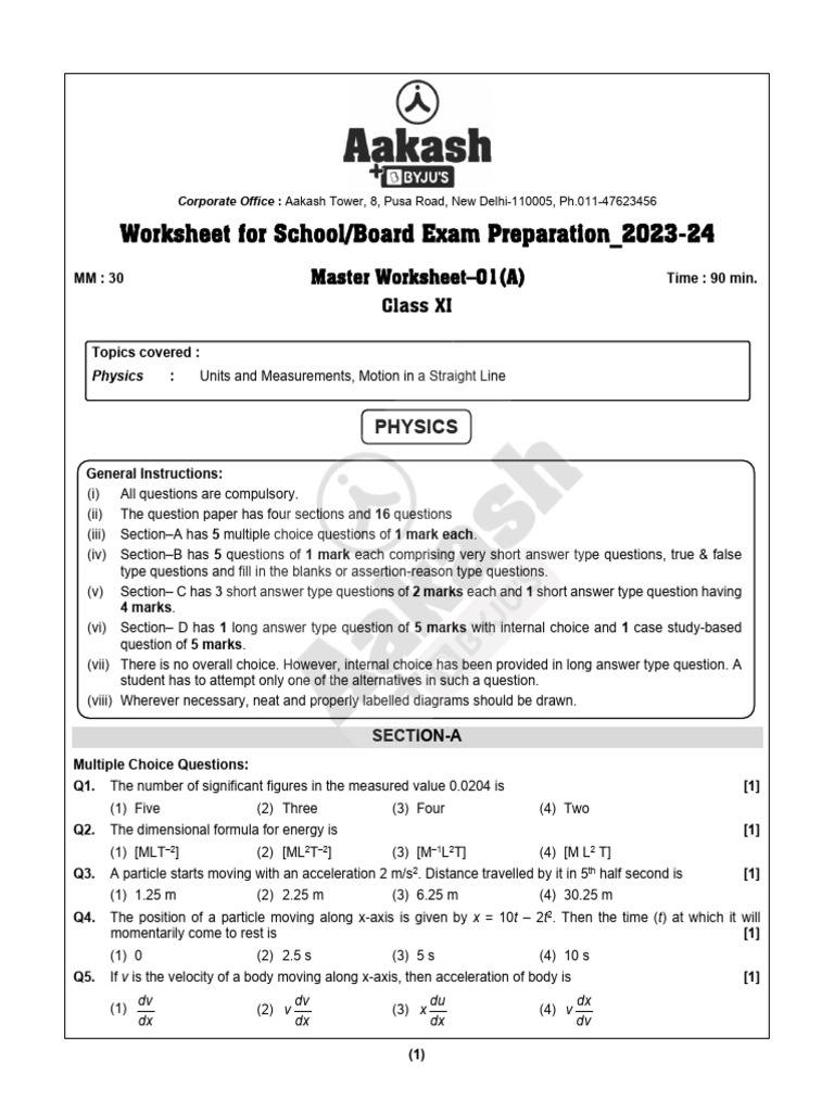 Master WS-01 (A) - Physics - XIth - Units & Measurements, Motion in A Straight Line | PDF ...