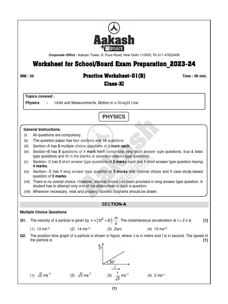 Practice WS-01(B)_Physics_XIth_Units & Measurements, Motion in a Straight Line | PDF ...
