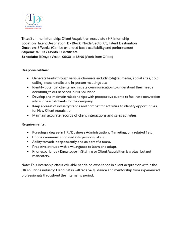 Summer HR Internship: Client Acquisition | PDF | Career & Growth