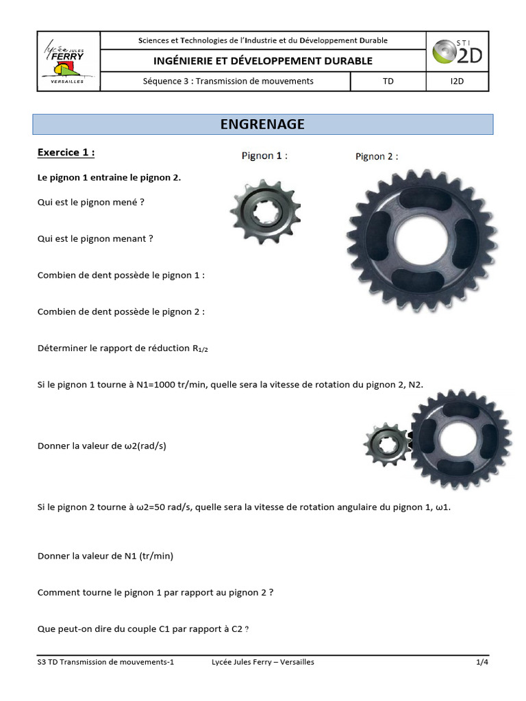 S3 TD Transmission de Mouvements | PDF | Engrenage | Mouvement (Physique)