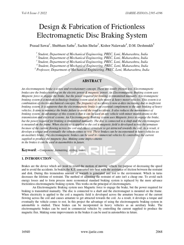 Design Fabrication of Frictionless Electromagnetic Disc Braking System ...