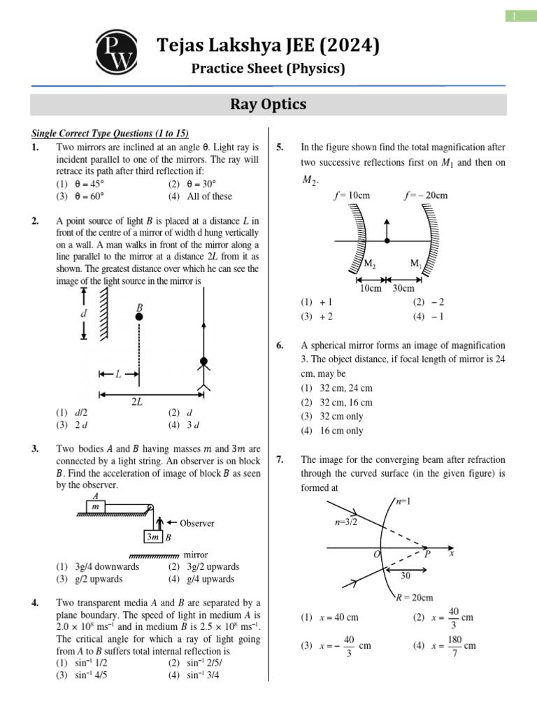Ray Optics Practice Sheet Lakshya Jee 2024 Pdf Mirror Physical Phenomena
