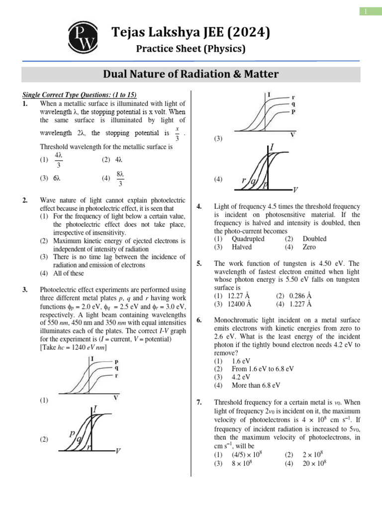 Dual Nature Of Radiation & Matter _ Practice Sheet __ Lakshya JEE 2024 | PDF | Photoelectric ...
