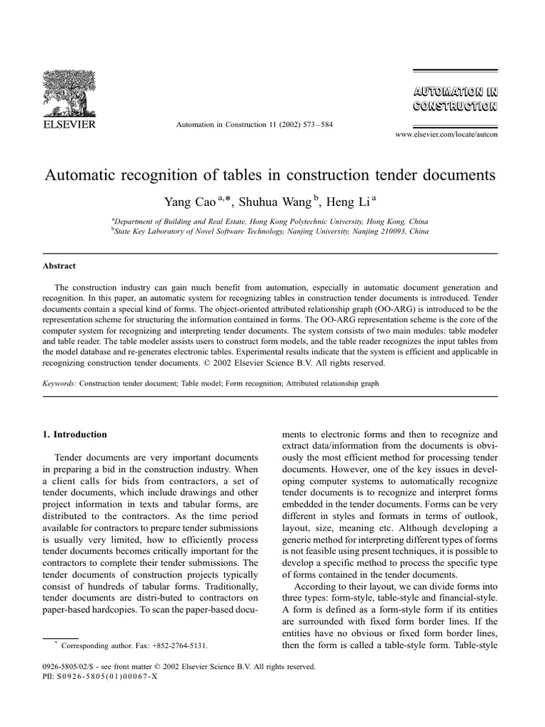 Automatic Recognition of Tables in Construction Tender Documents Yang ...