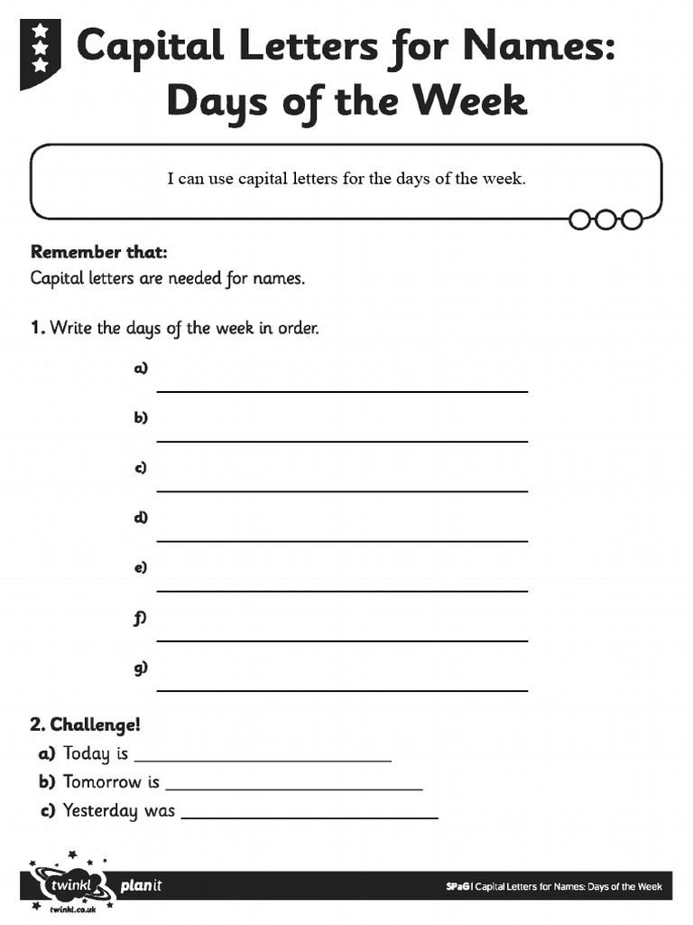 Activity Sheet Capital Letters for Names Days of the Week Editable | PDF